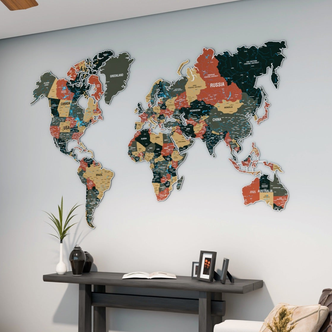 Renkli Dünya Haritası – UV Baskılı Duvar Dekoru – ColorfullWorlds
